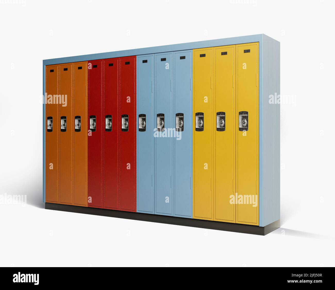 An standalone bank of colorful school lockers on an isolated white ...
