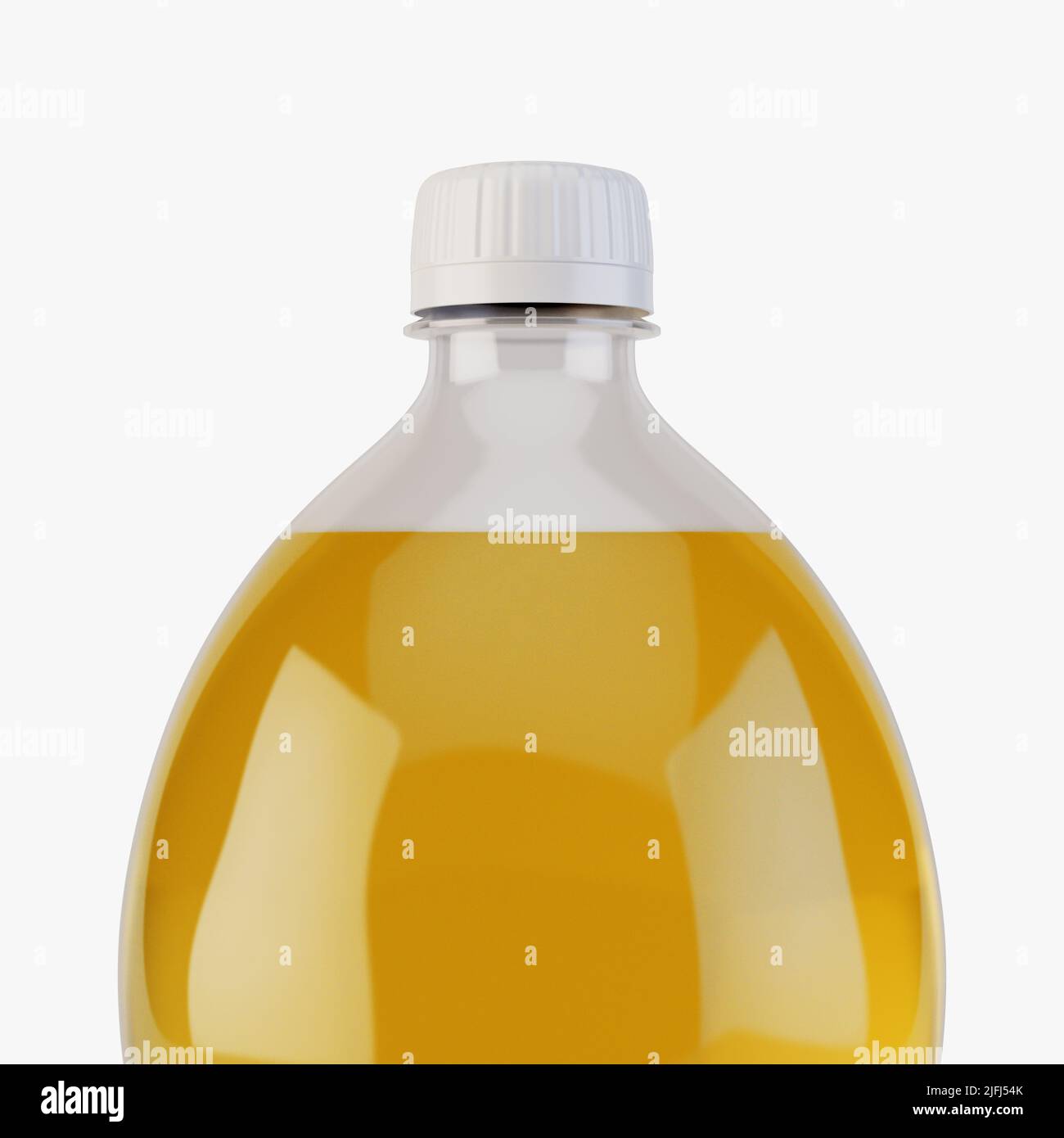 An irregular shaped plastic two liter orange soda bottle on an isolated ...