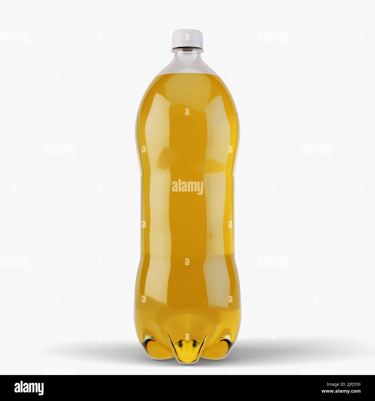 An irregular shaped plastic two liter orange soda bottle on an isolated ...