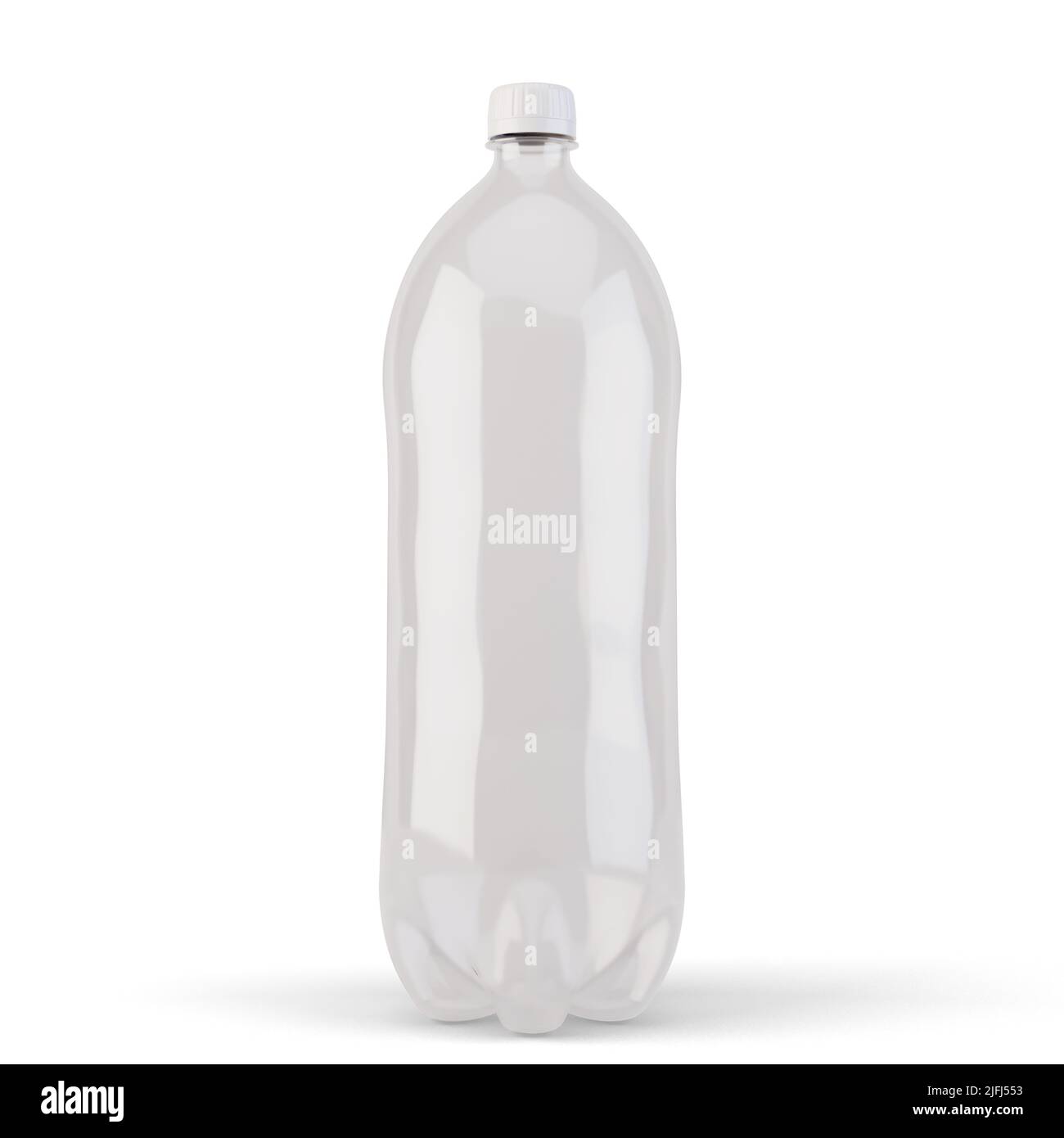 An irregular shaped plastic two liter orange soda bottle on an isolated ...