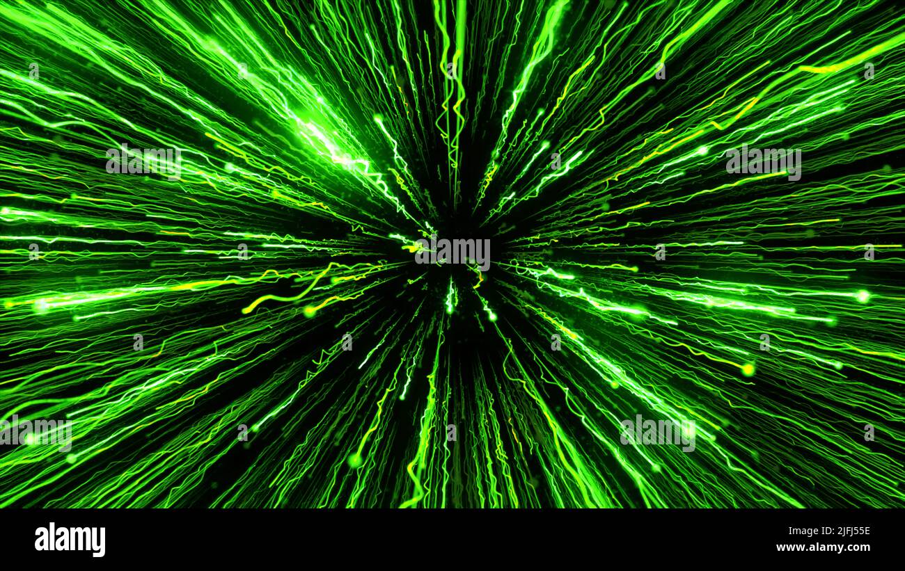 Flying abstract lines of fireworks of green tones on a black background ...