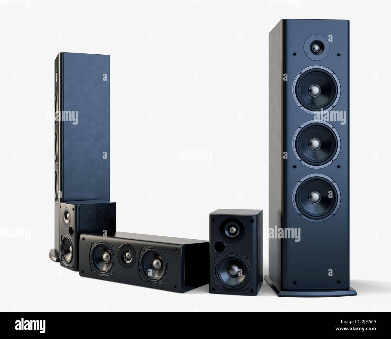 A modern surround sound speaker arrangment on a light studio background ...