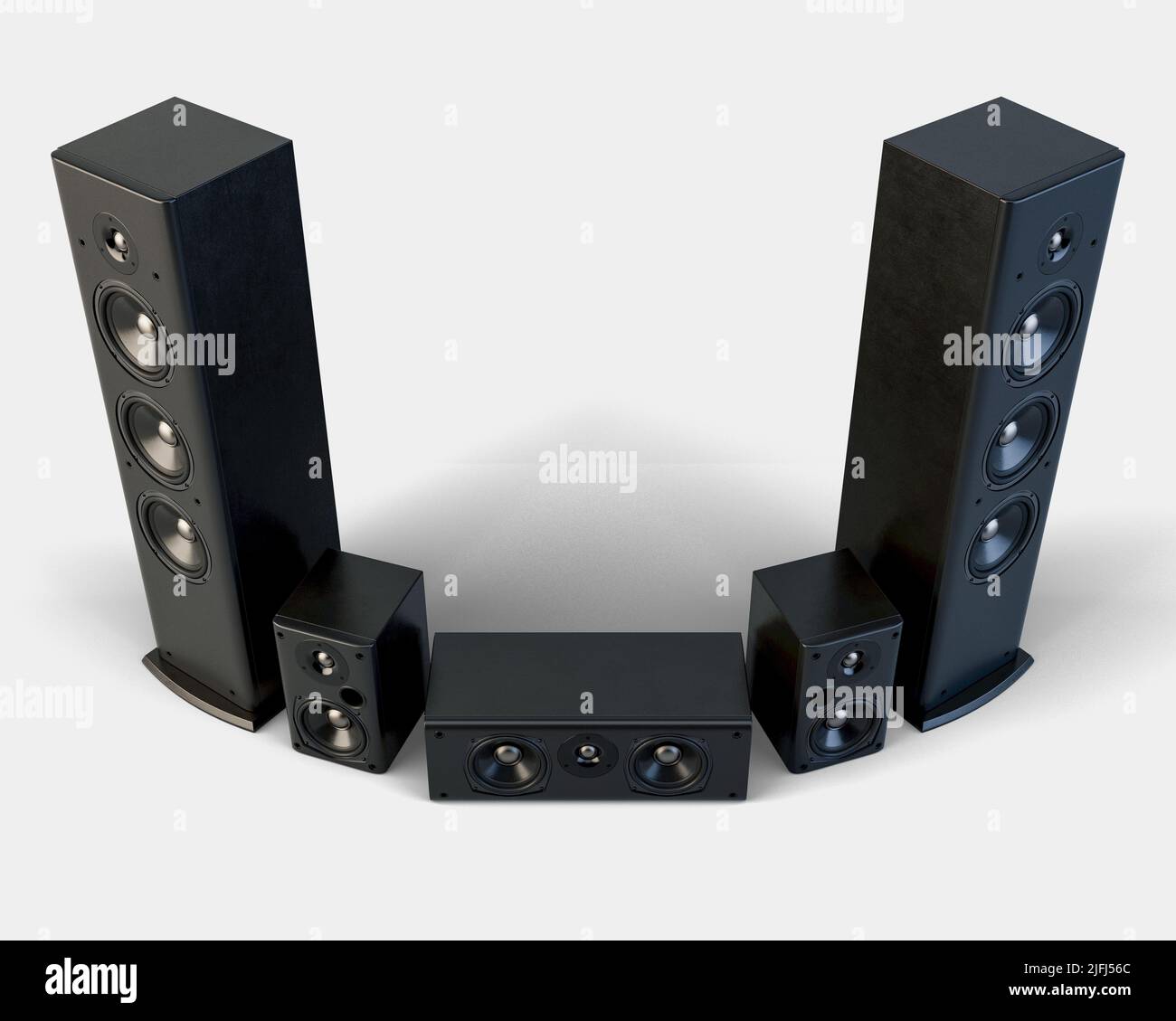 A modern surround sound speaker arrangment on a light studio background ...