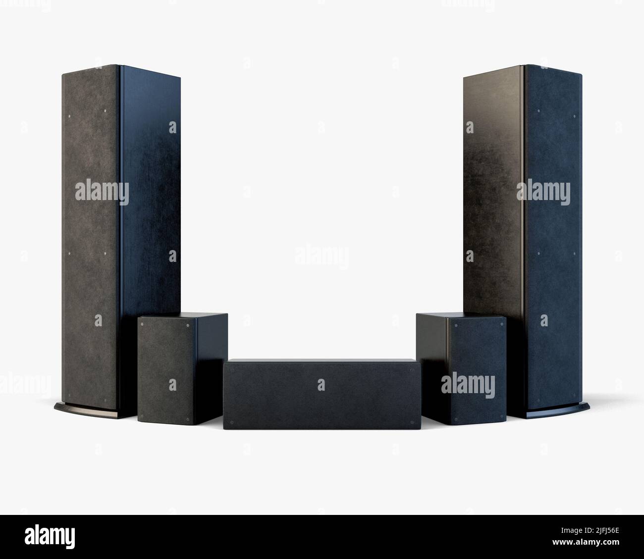A modern surround sound speaker arrangment on a light studio background ...