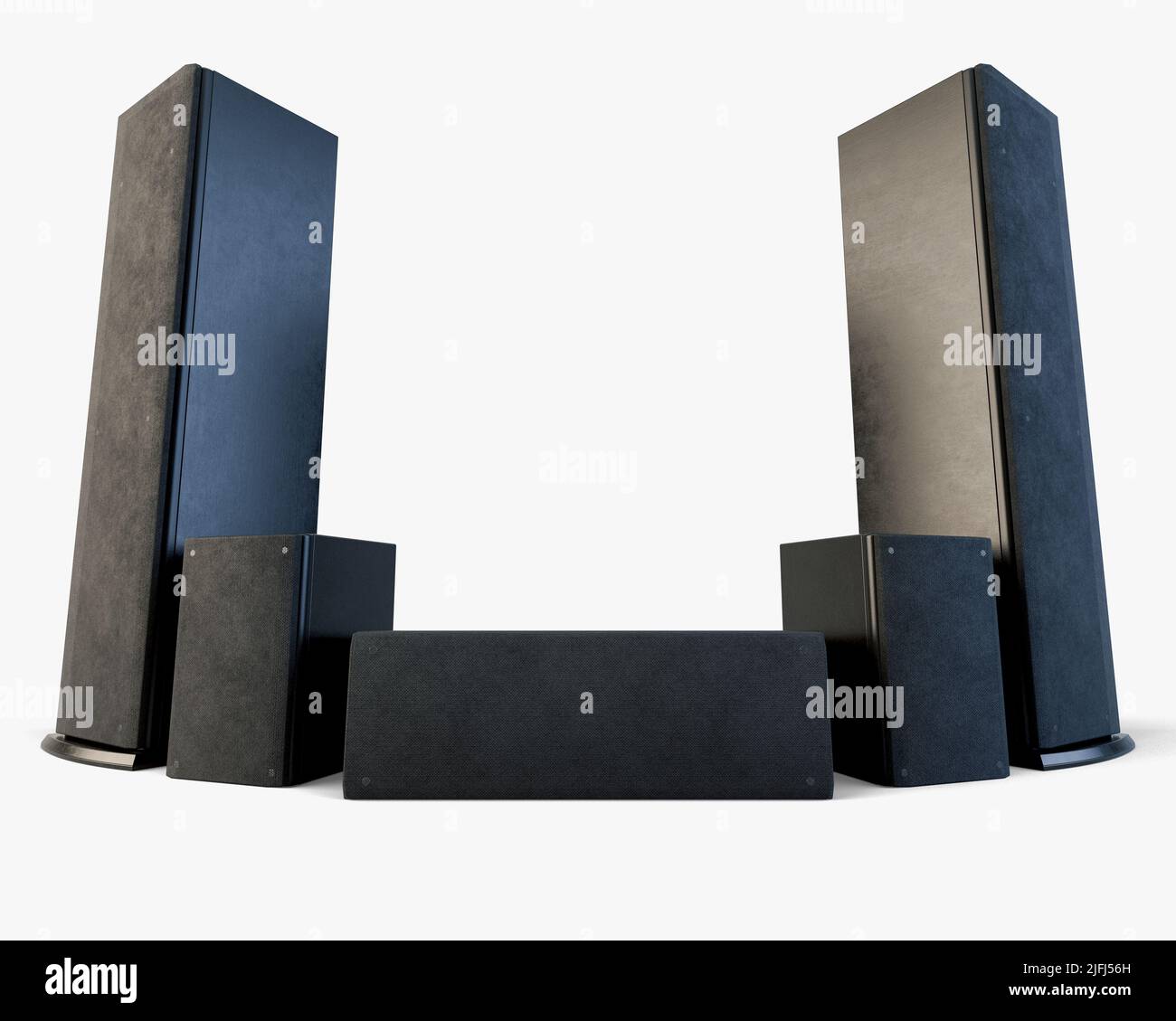 A modern surround sound speaker arrangment on a light studio background ...