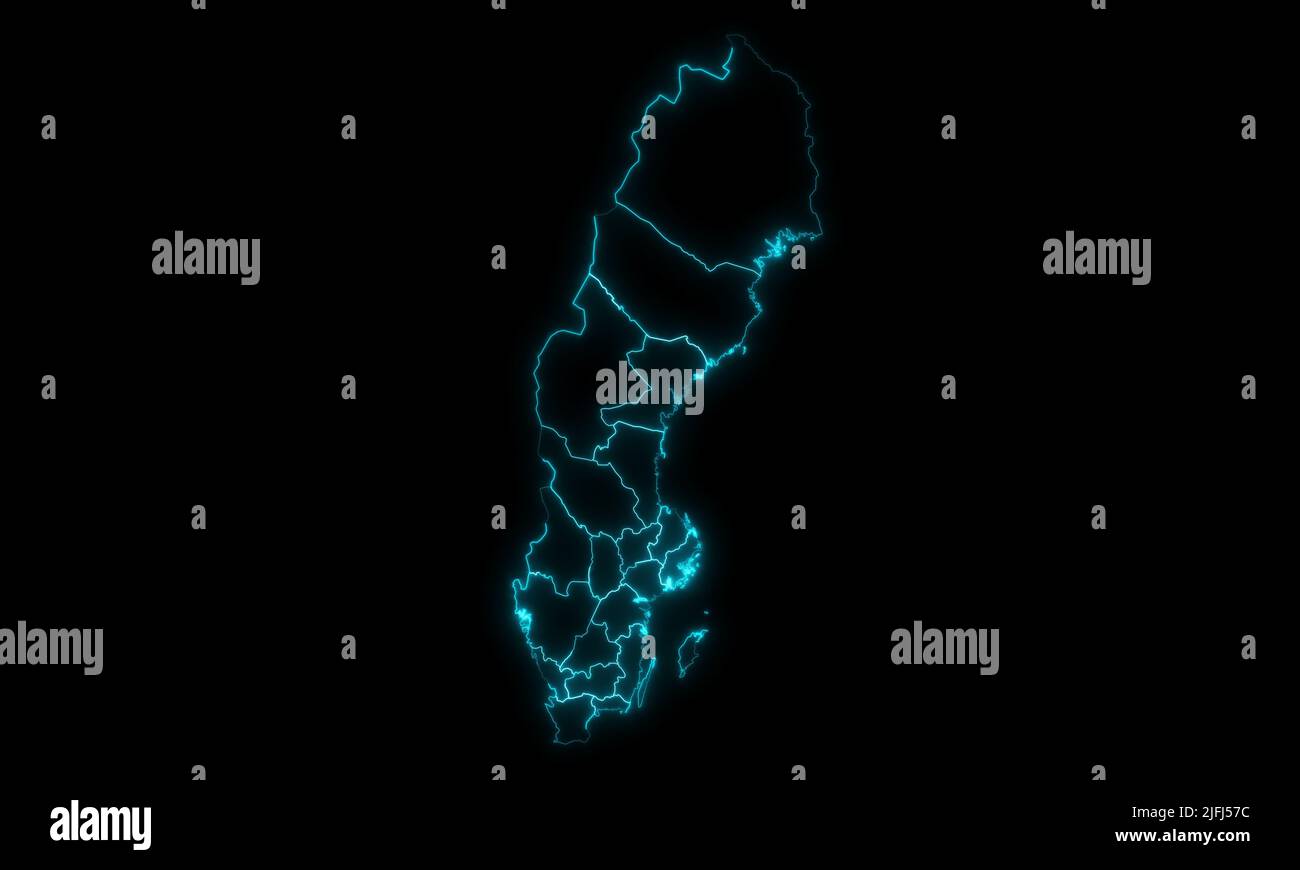 Abstract map outline of Sweden with Counties glowing outline in black ...