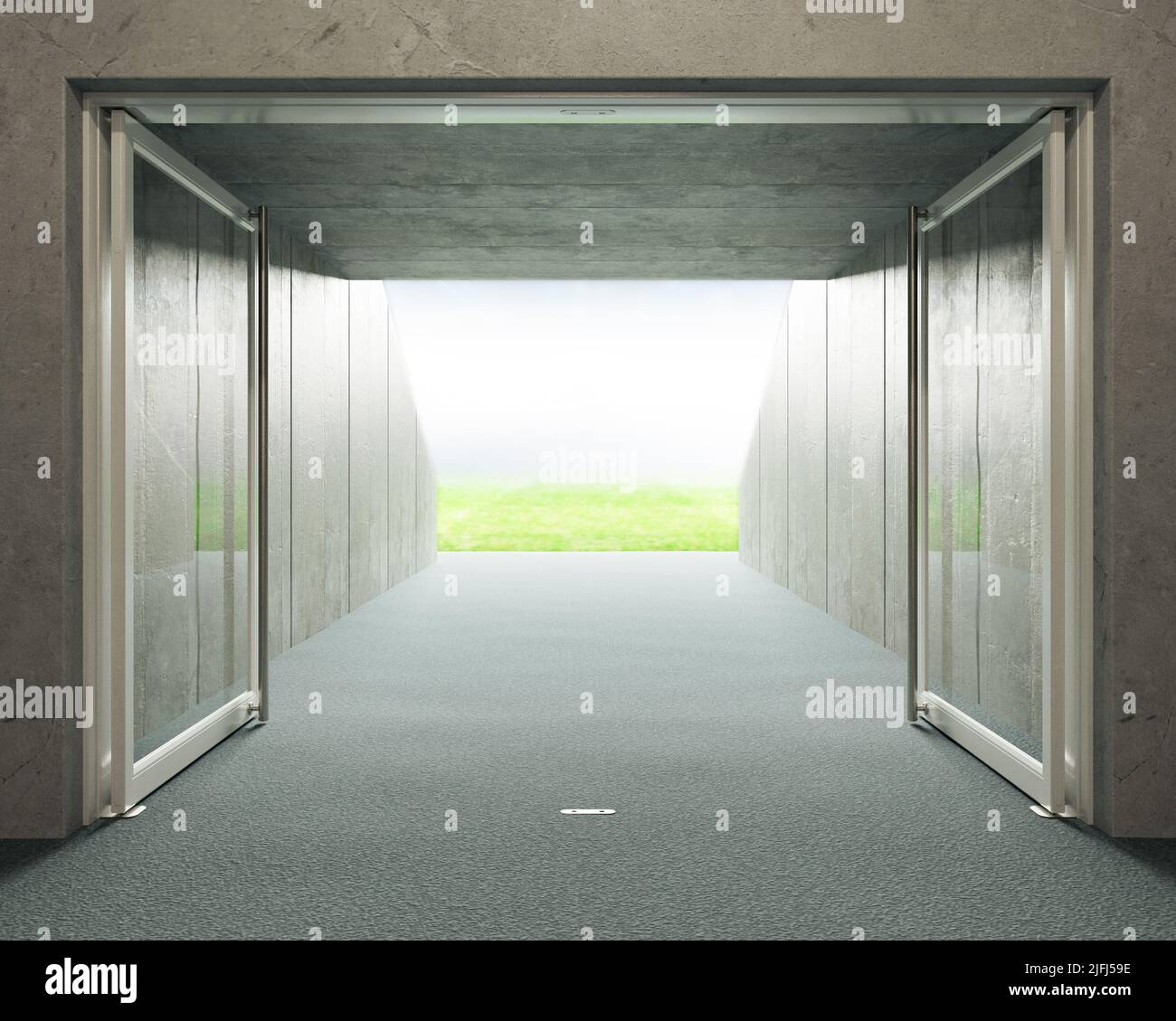 A look down a stadium sports corridor through open glass doors to a lit ...