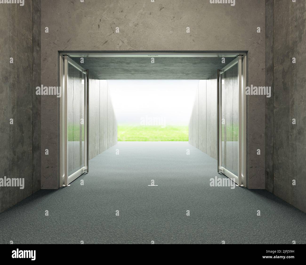 A look down a stadium sports corridor through open glass doors to a lit ...