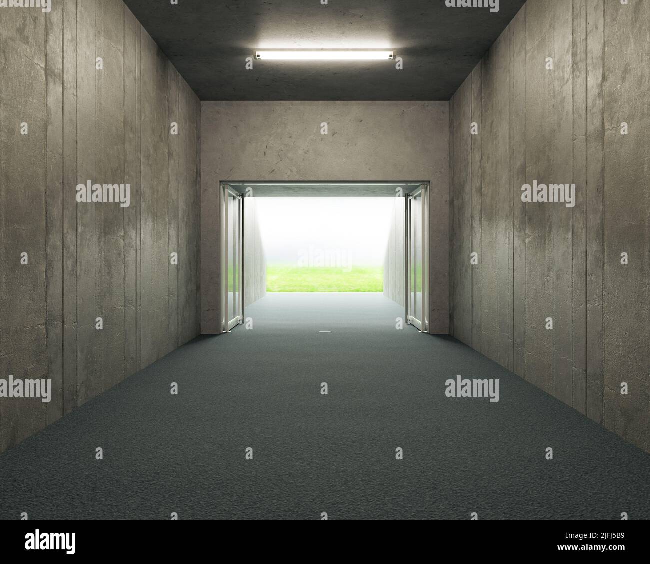 A look down a stadium sports corridor through open glass doors to a lit ...