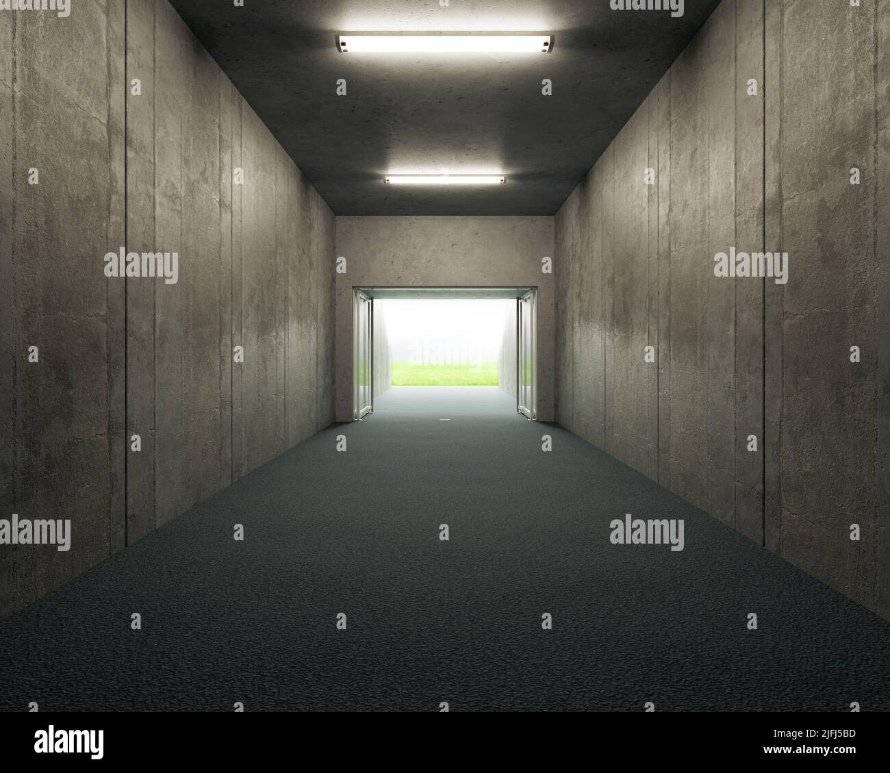 A look down a stadium sports corridor through open glass doors to a lit ...