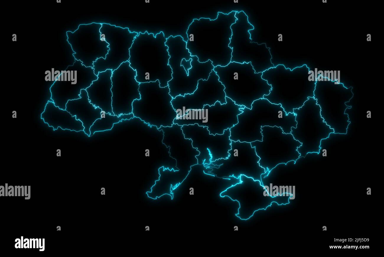 Abstract map outline of Ukraine with Regions glowing outline in black ...