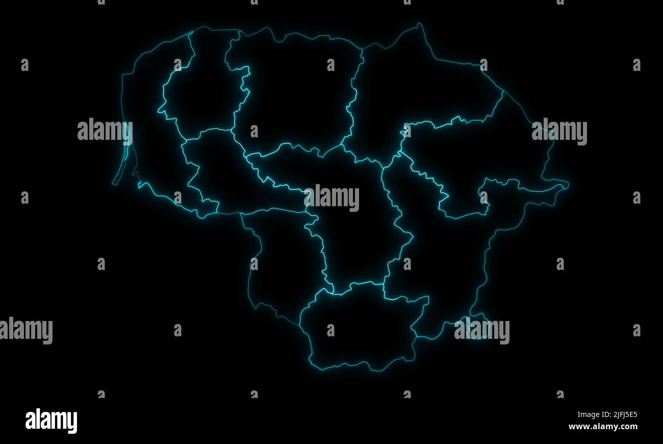 Abstract map outline of Lithuania with Counties glowing outline in ...