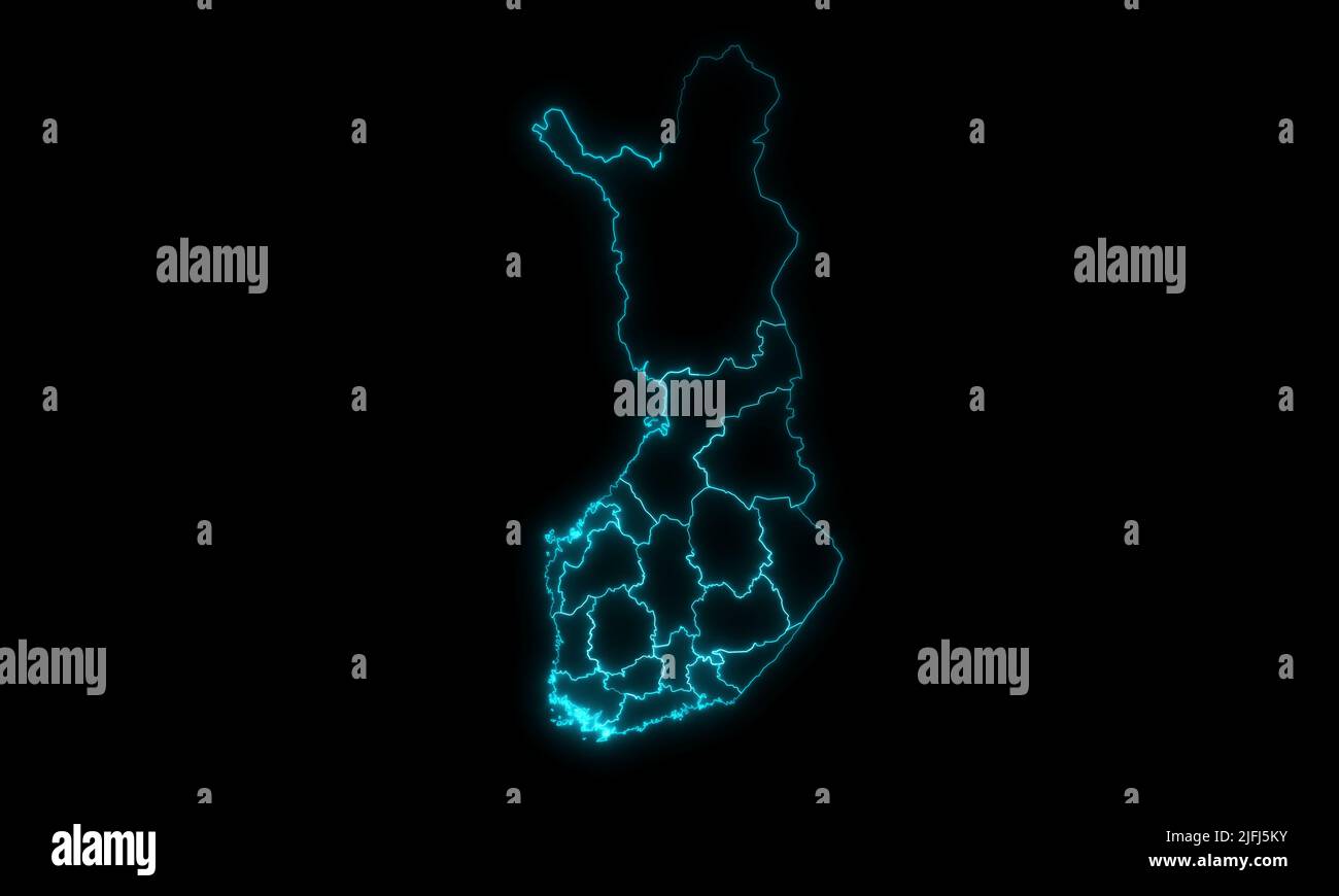 Abstract map outline of Finland with Regions glowing outline in black ...