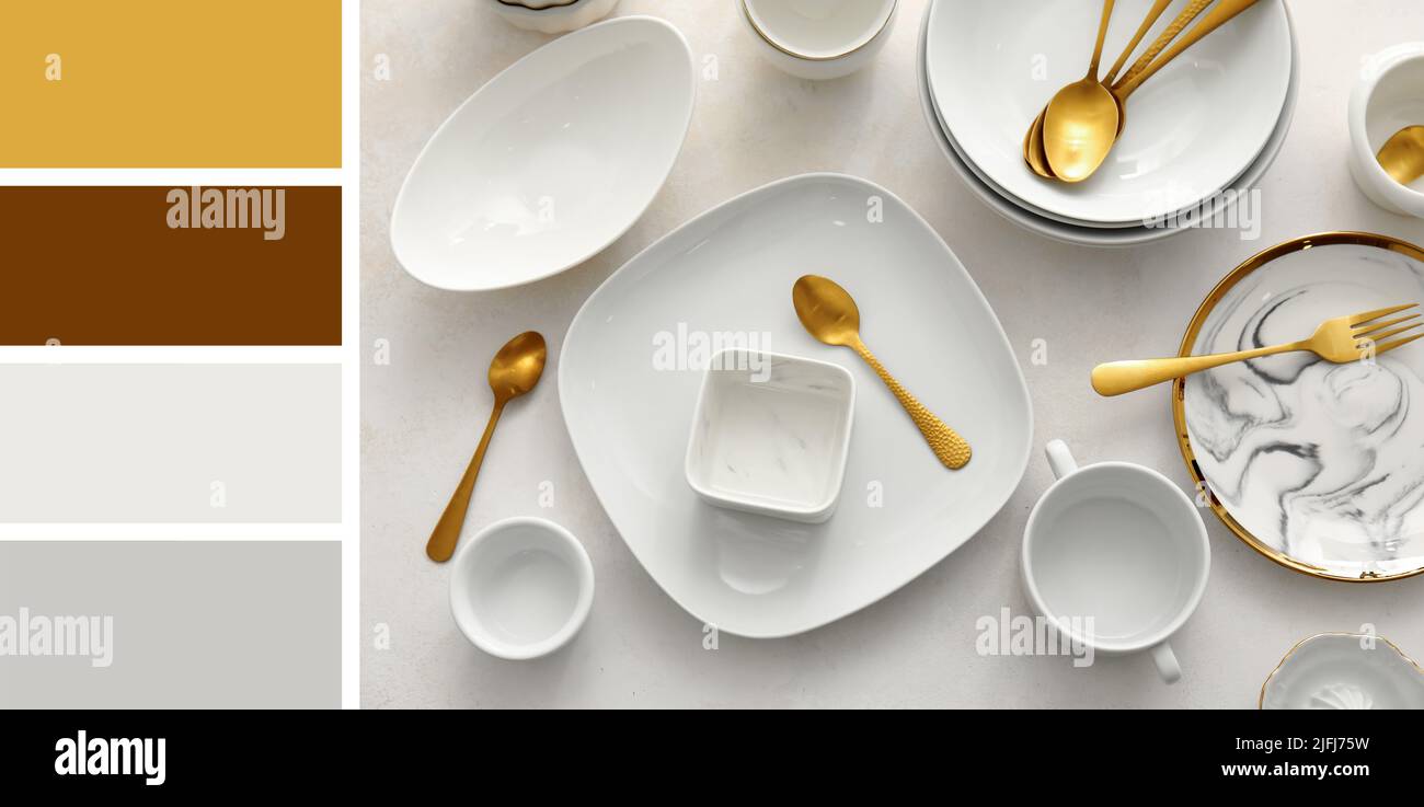 Simple dinnerware on white background. Different color patterns Stock ...