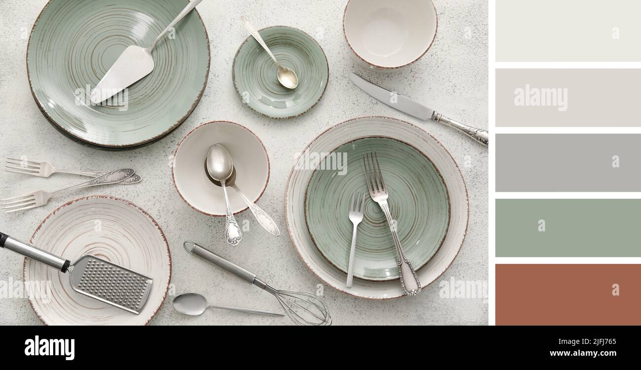 Stylish dinnerware on light background. Different color patterns Stock ...
