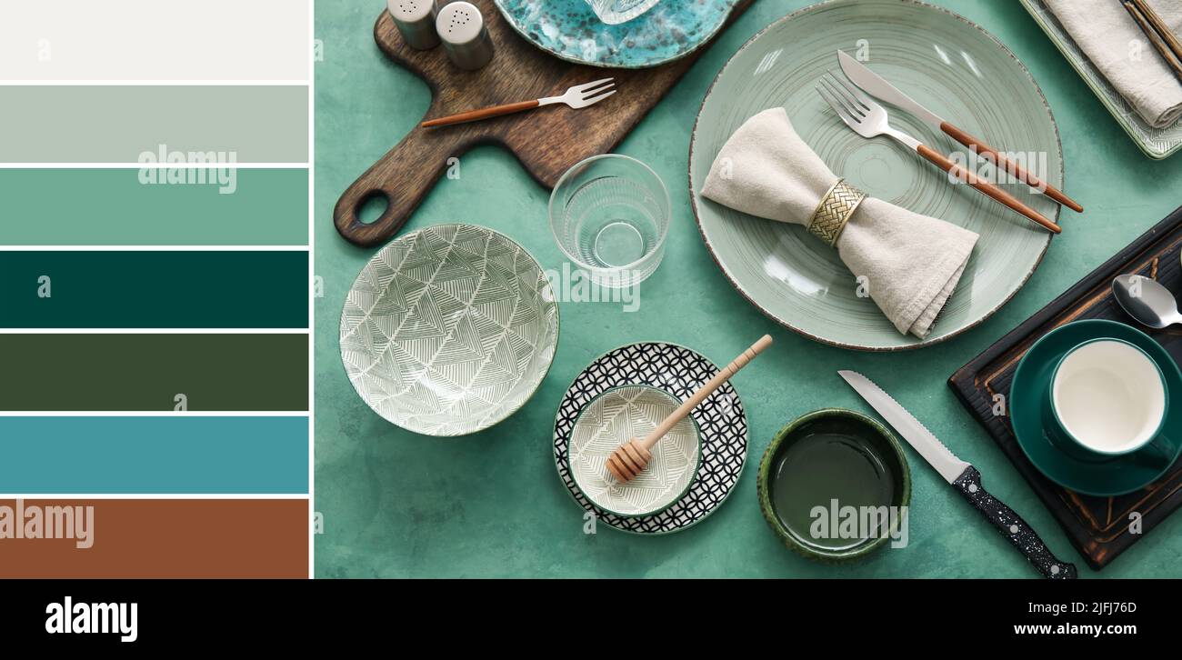 Many tableware on green background. Different color patterns Stock ...