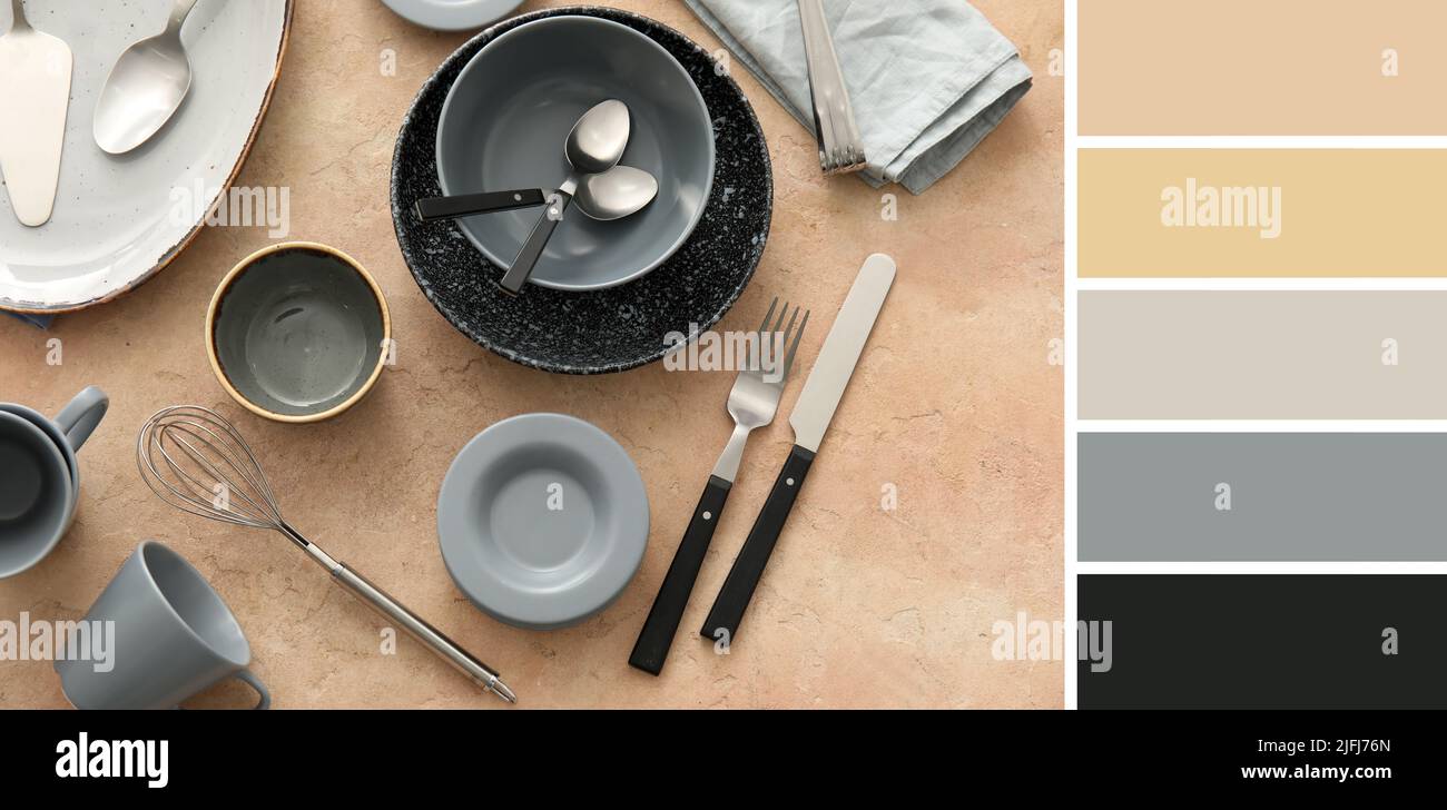 Set of kitchenware on beige background. Different color patterns Stock ...