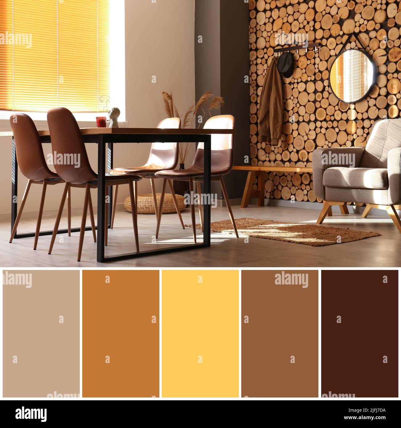 Interior of stylish dining room with table, chairs and armchair ...