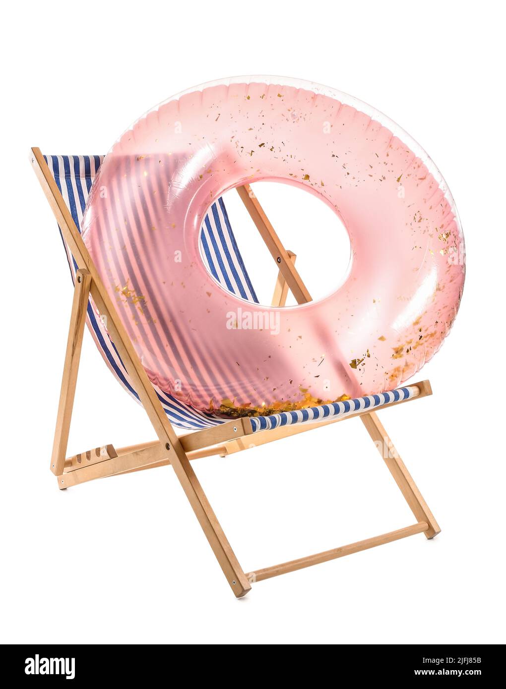 Striped deck chair with inflatable ring on white background Stock Photo ...