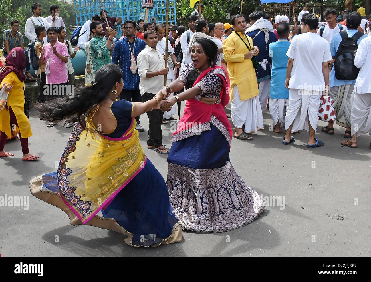 Devotees seen dancing during a Rath Yatra (chariot procession) of Lord ...