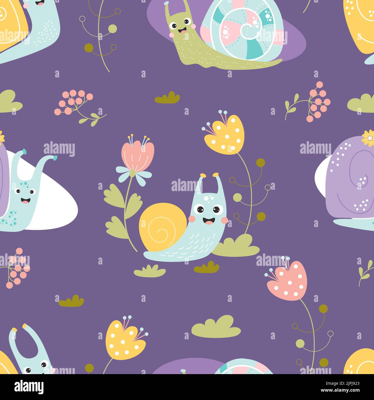 Seamless pattern with cute snails. Insects molluscs with flowers and ...