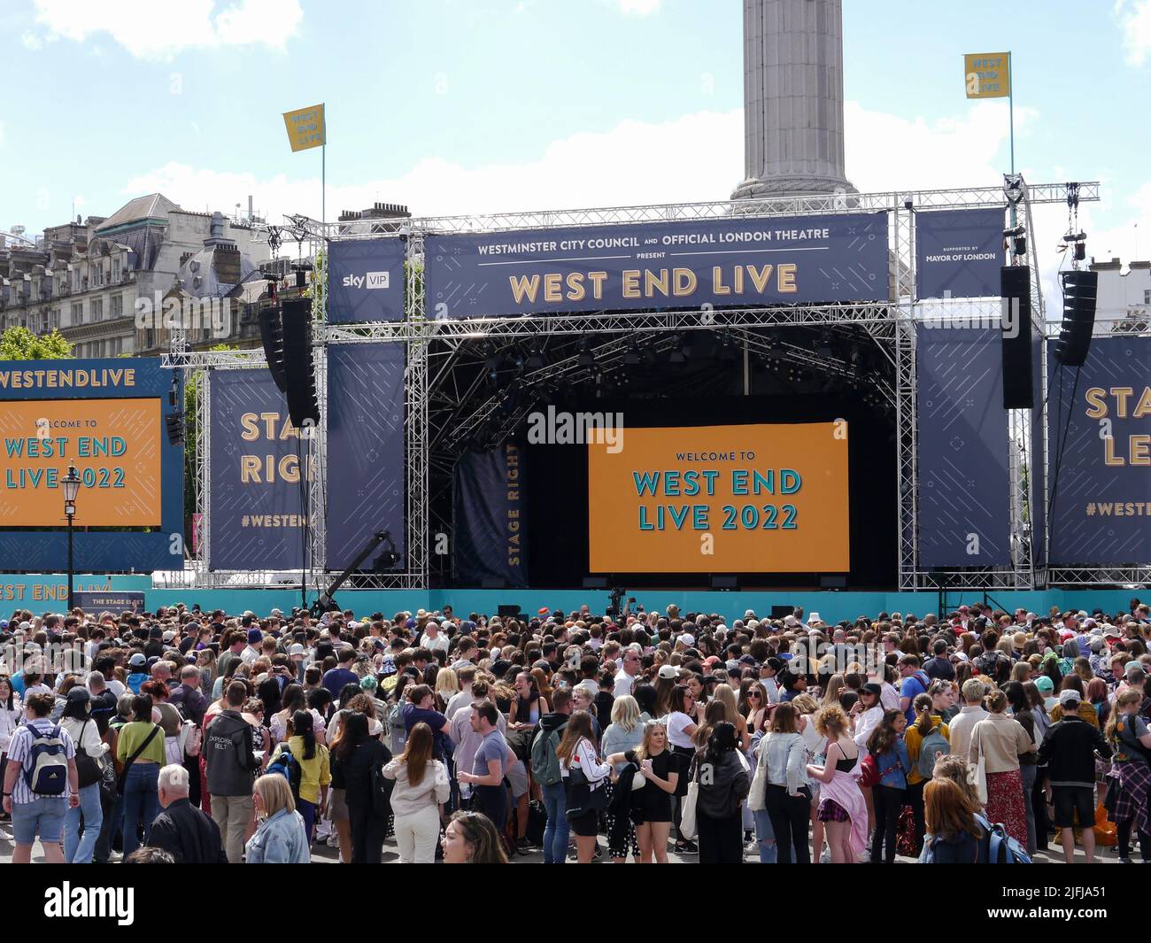 The audience and stage of West End Live 2022 in Trafalgar Square ...