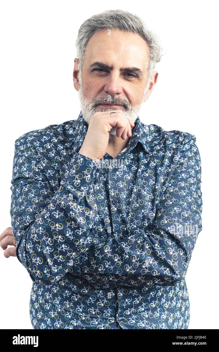 bearded Caucasian man keeping hand on his beard medium shot white ...