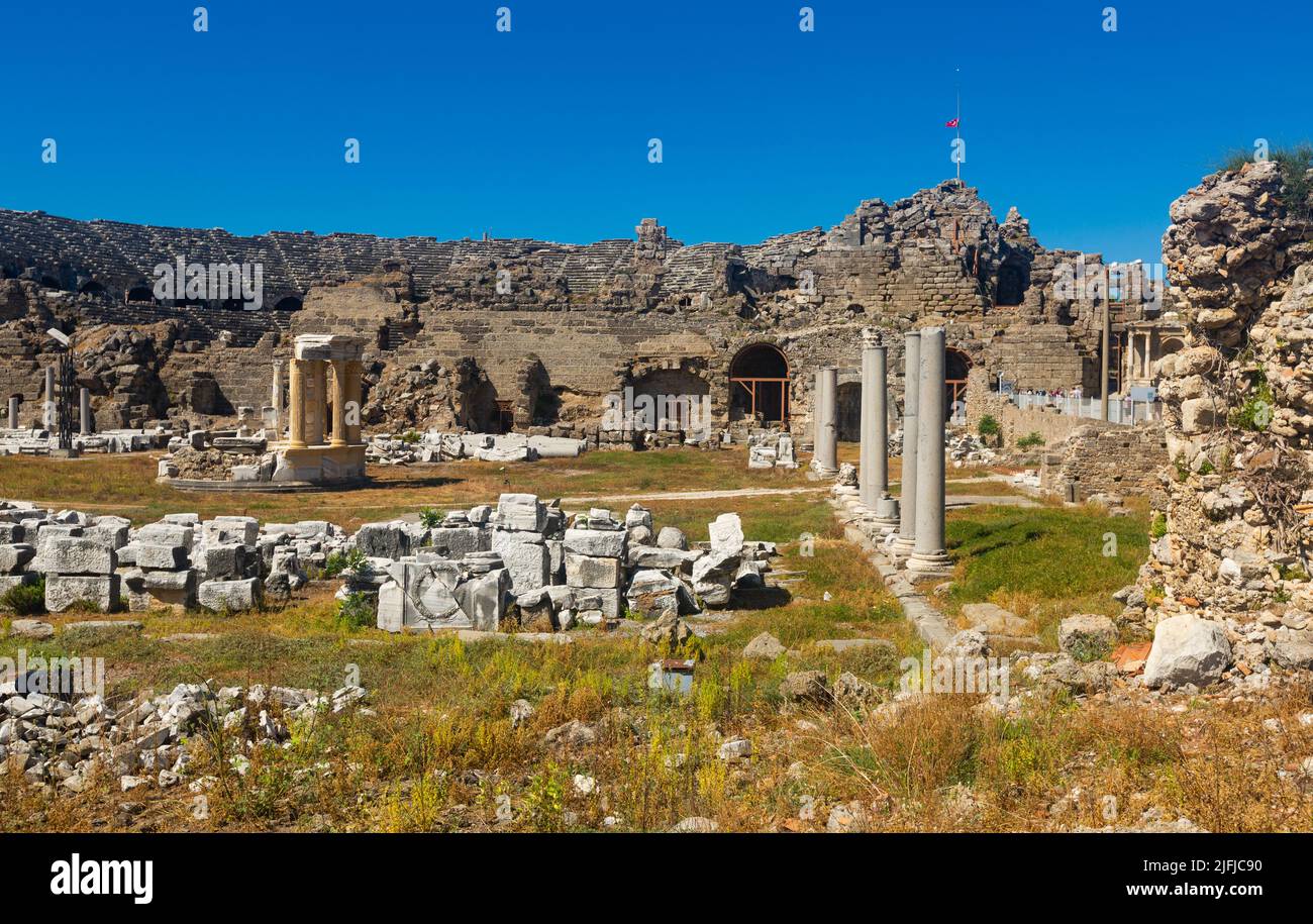 Ancient city ruins. Side. Colonnaded road and market place Stock Photo ...