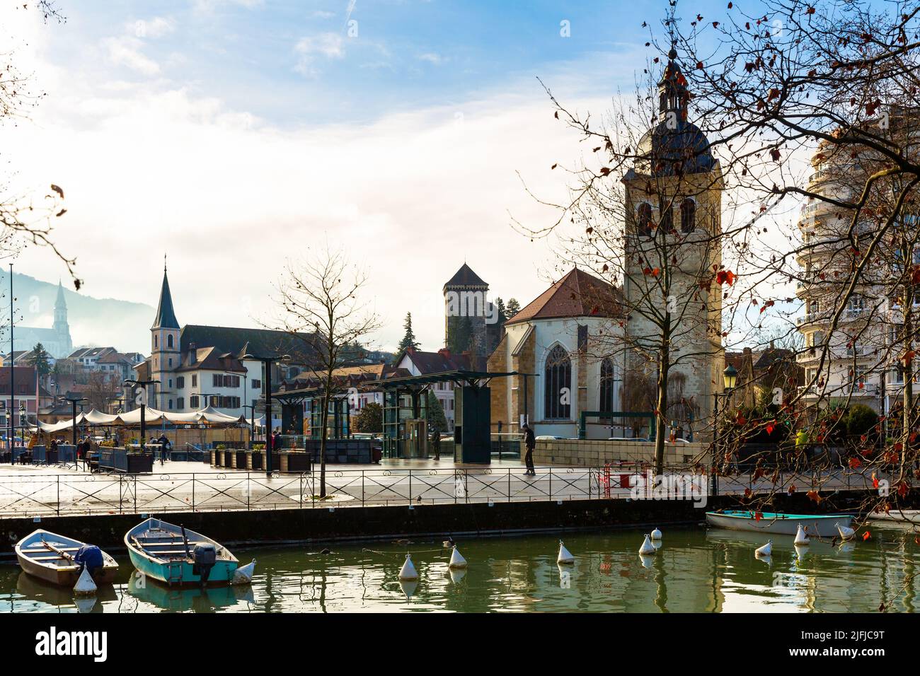 Annecy old town cityscape and Thiou river view and bridge Stock Photo ...