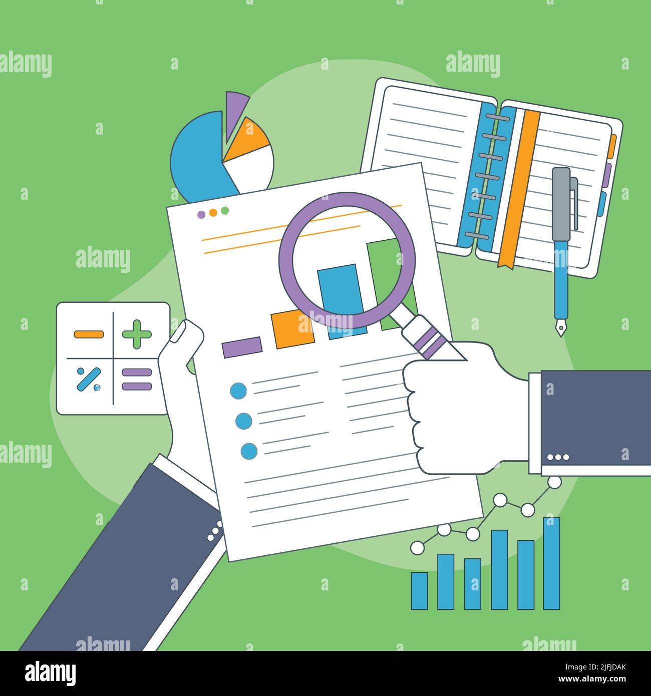 Businessman hand with magnifying glass over chart. Business analysis ...