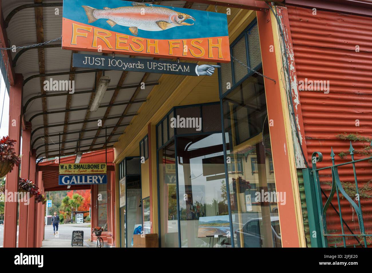 Reefton New Zealand - May 4 2022; View along footpath under verandas of ...