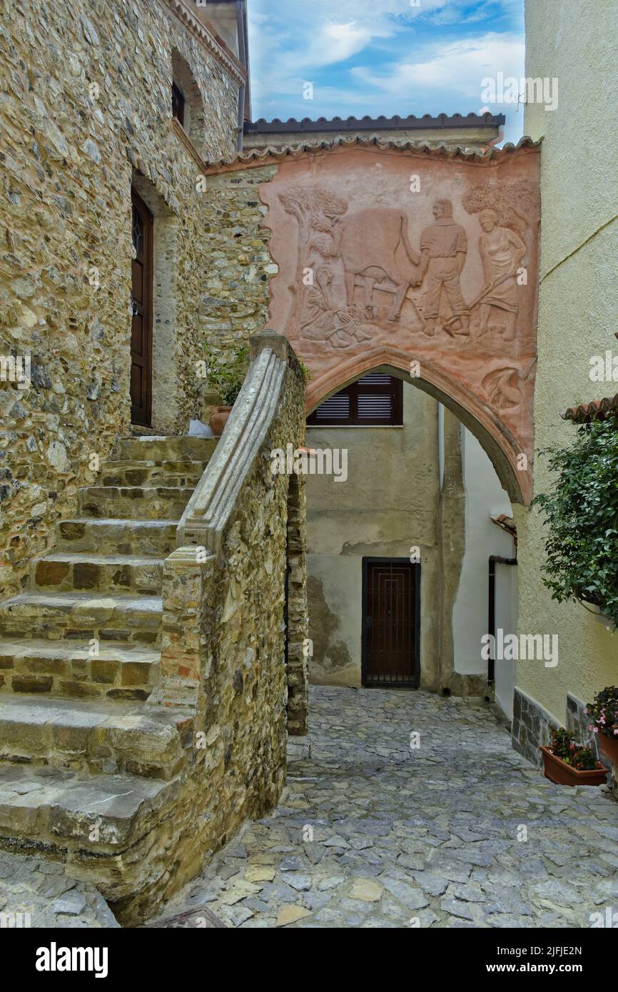 An old village and narrow street in Scalea in the Calabria region ...