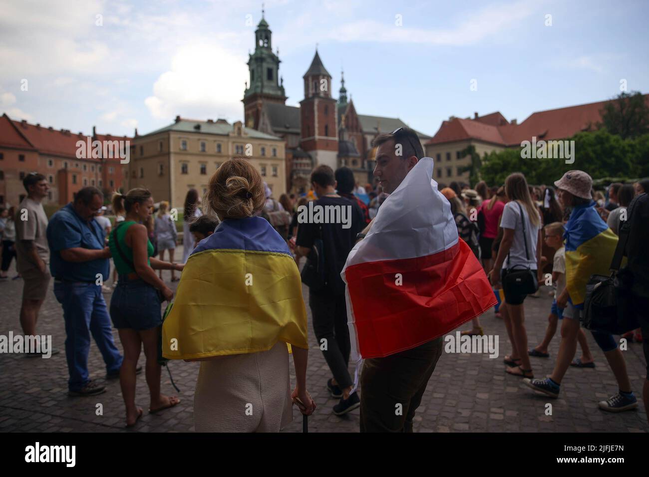 Cracow, Poland. 28th June, 2022. People with Polish and Ukrainian flags ...