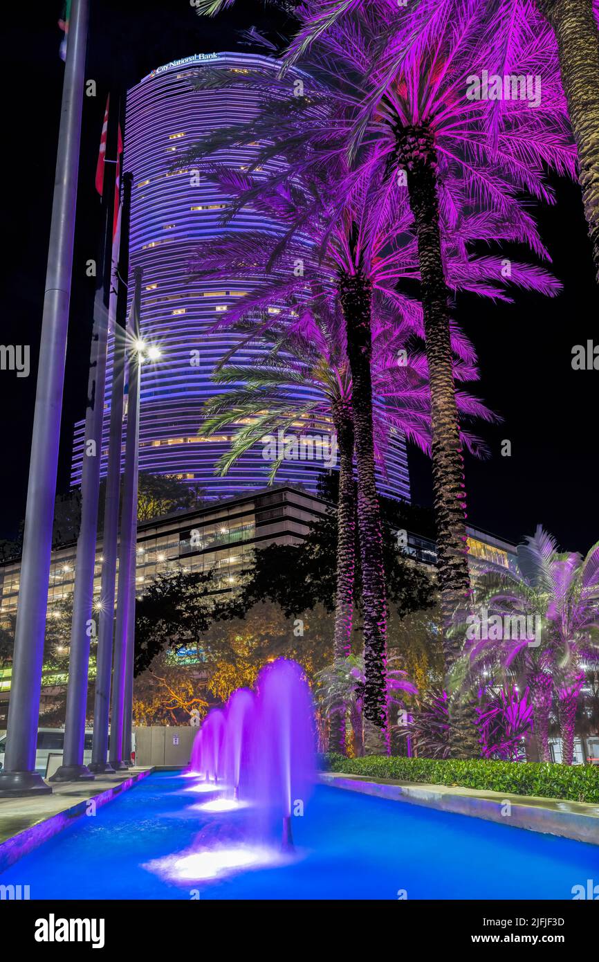 Blue Fountain Night High Rise Purple Office Buildings, Downtown Miami ...
