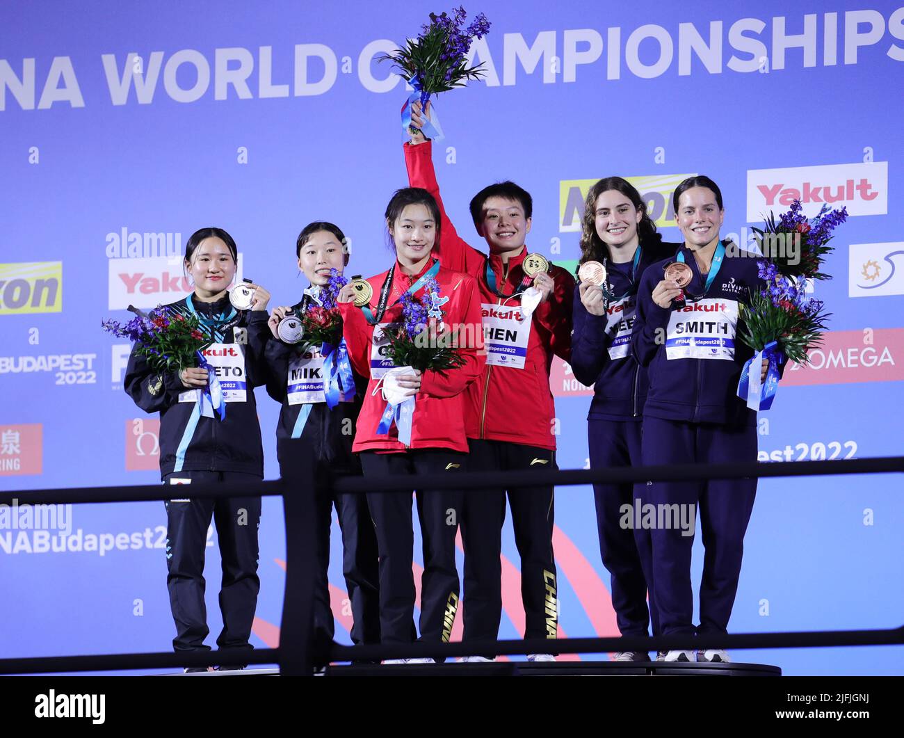 Budapest, Hungary. 3rd July, 2022. Gold medalists Chen Yiwen (3rd R ...