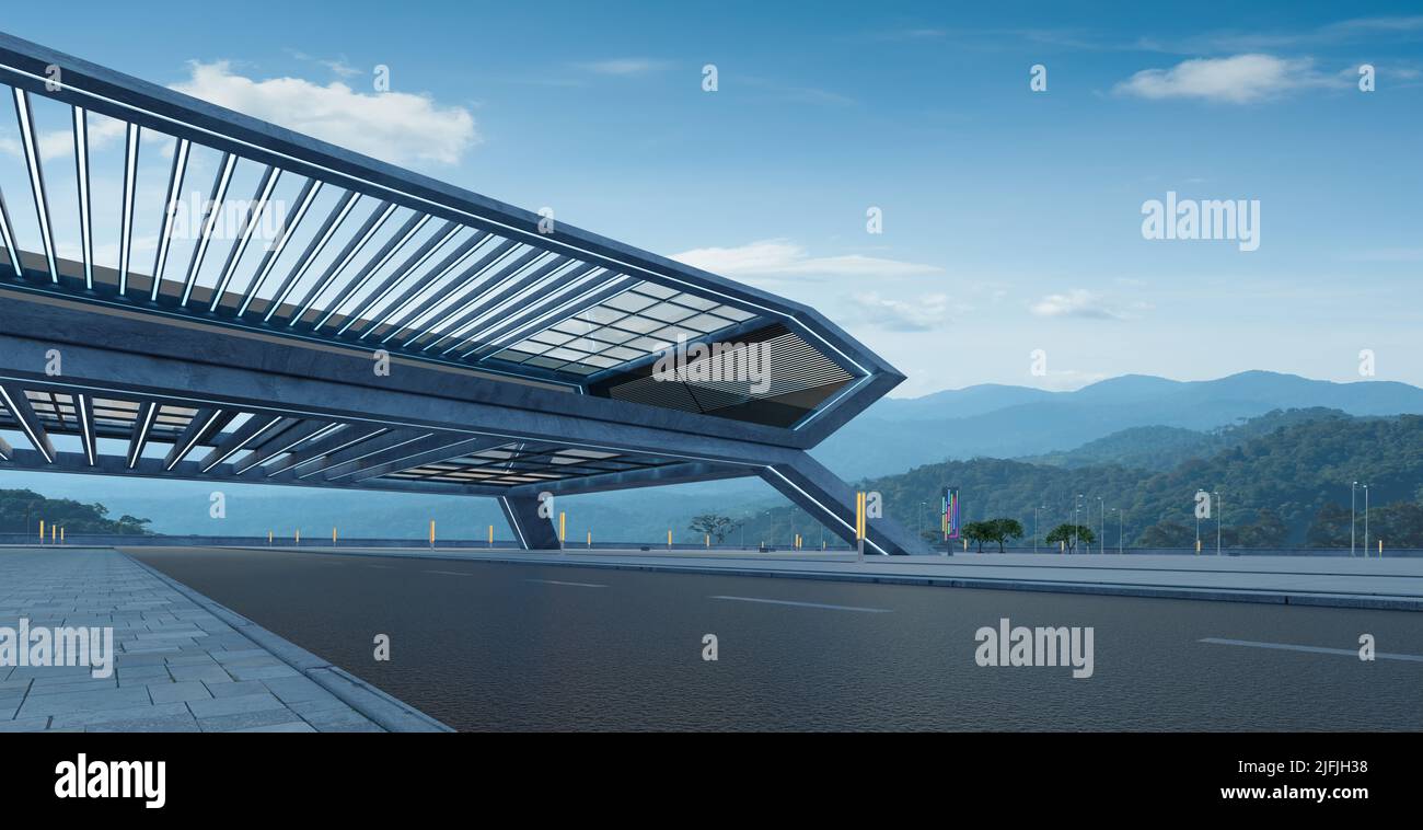 Perspective view of empty road and modern rooftop building with sunset ...
