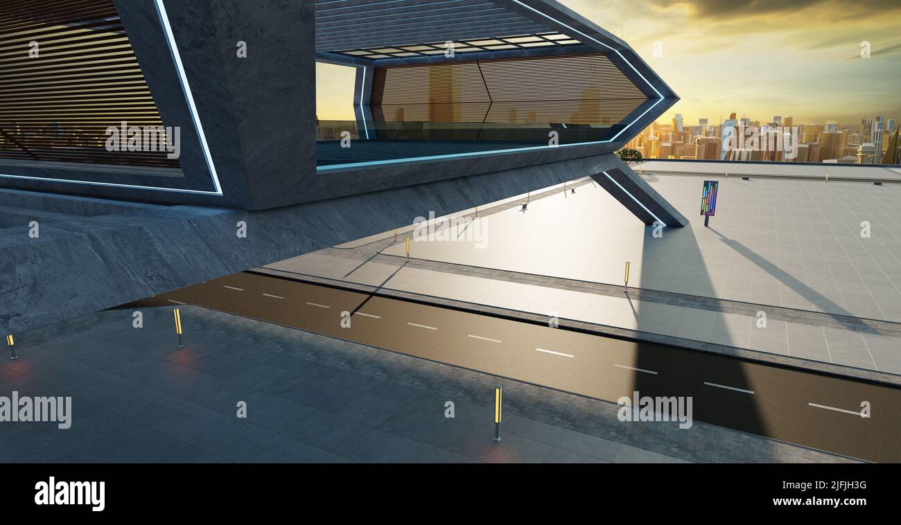 Perspective view of empty road and modern rooftop building with sunset ...