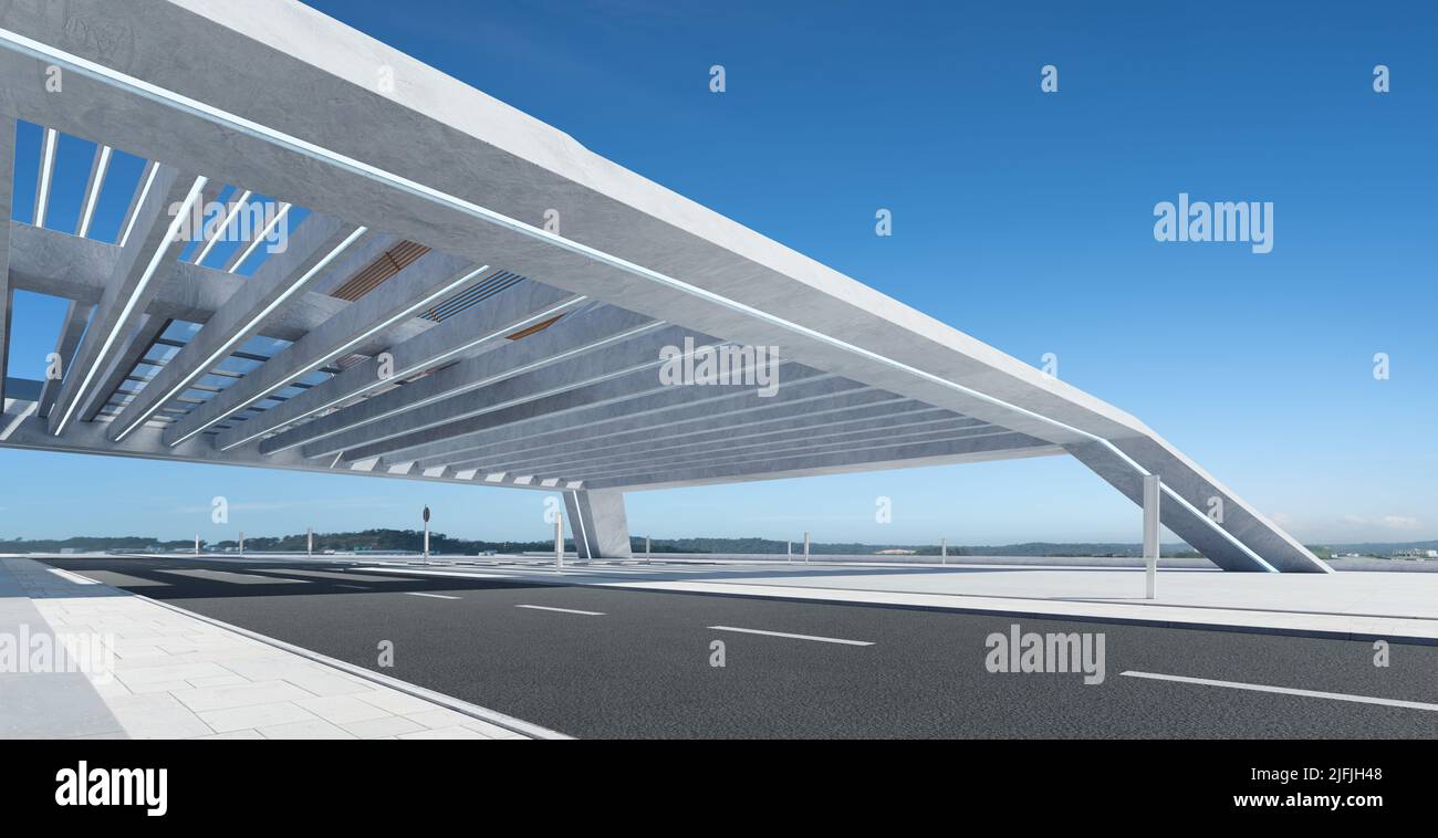 Perspective view of empty road and modern rooftop building with sunset ...