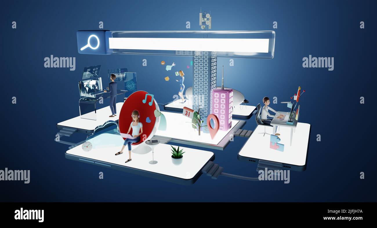 Business people characters working in virtual office with smart data ...