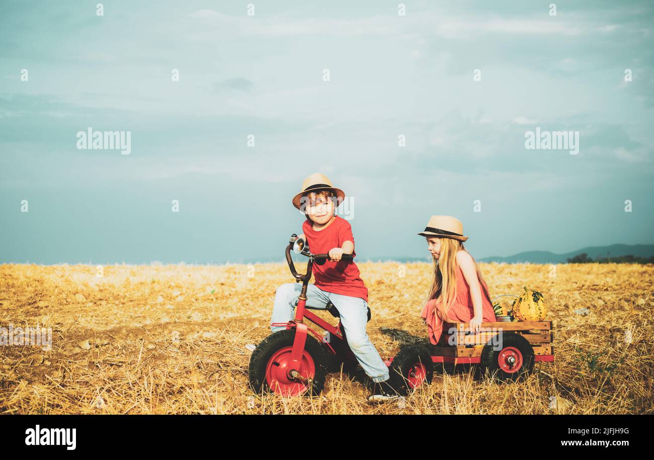 Little family farmers. Eco farm for kids. Children farmers in the farm ...