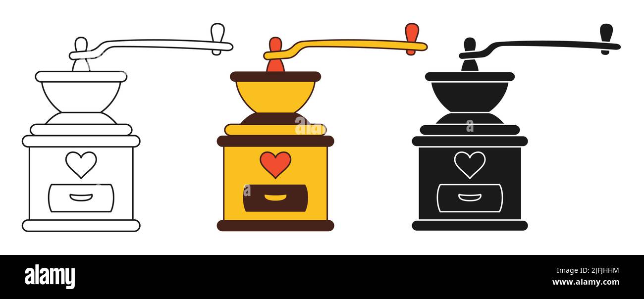 Coffee mill icon line set. Doodle cartoon style or stamp simple grinder ...