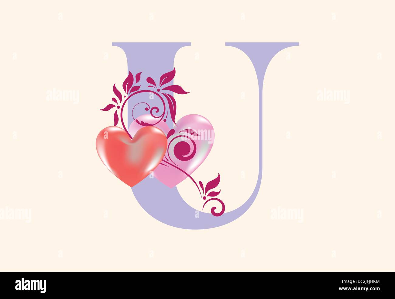 Floral U monogram letter with heart sign. Initial alphabet with ...