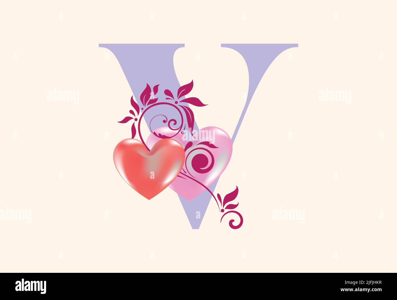 Floral V monogram letter with heart sign. Initial alphabet with ...
