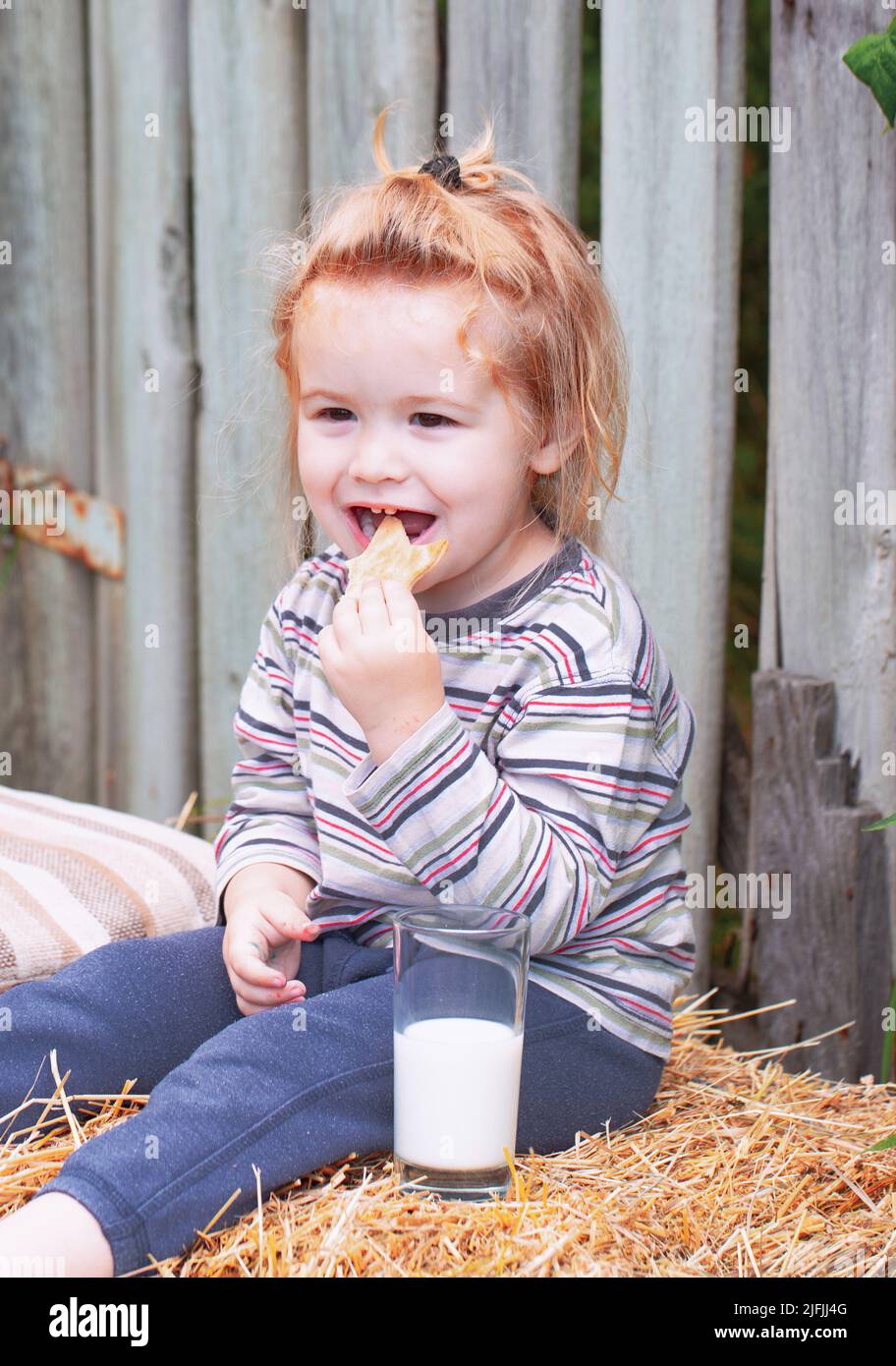 Child with cookies and milk. Kid with haystacks. Child play outdoors ...