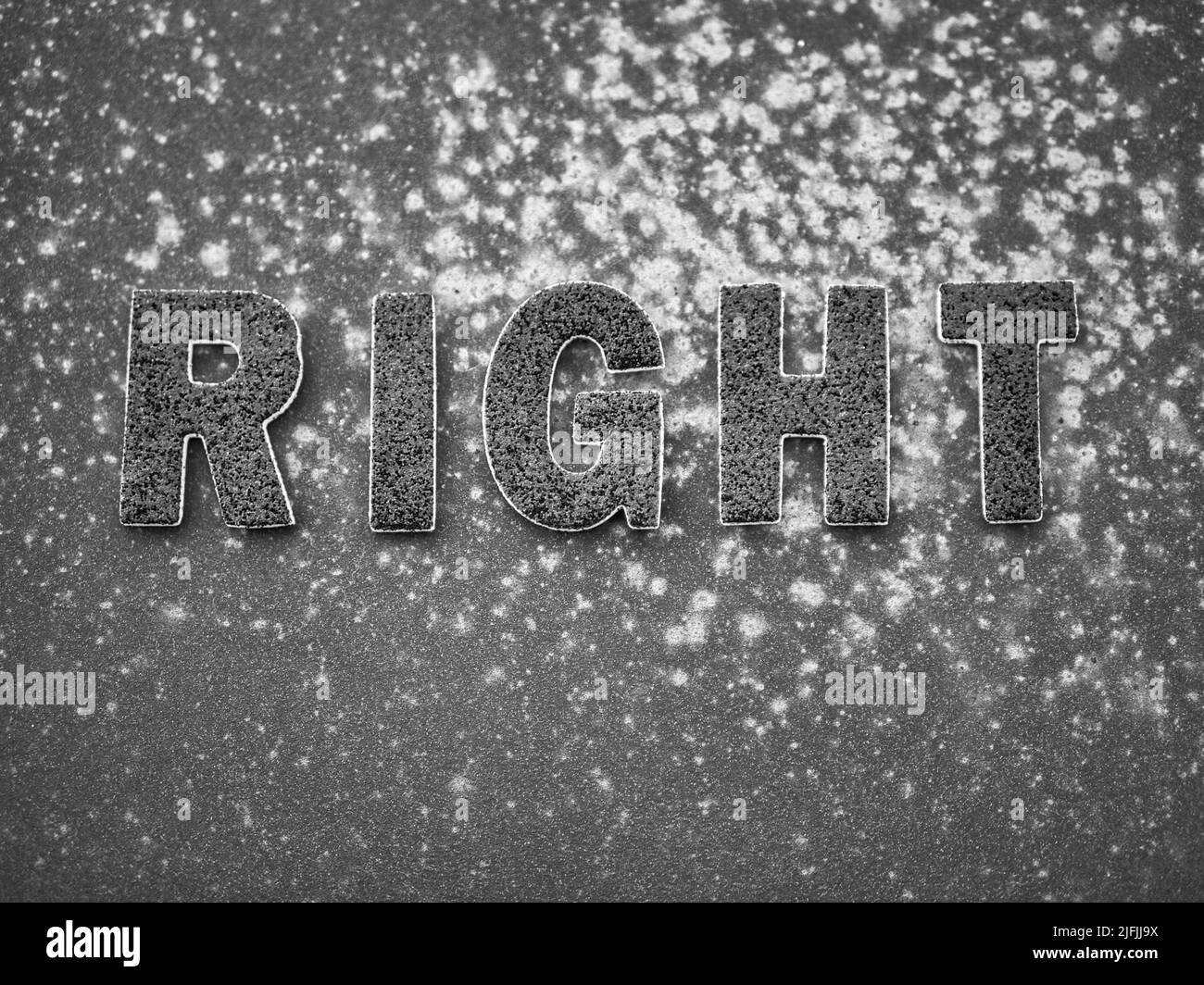 The word "Right" in black letters on a black rusted metal surface Stock ...