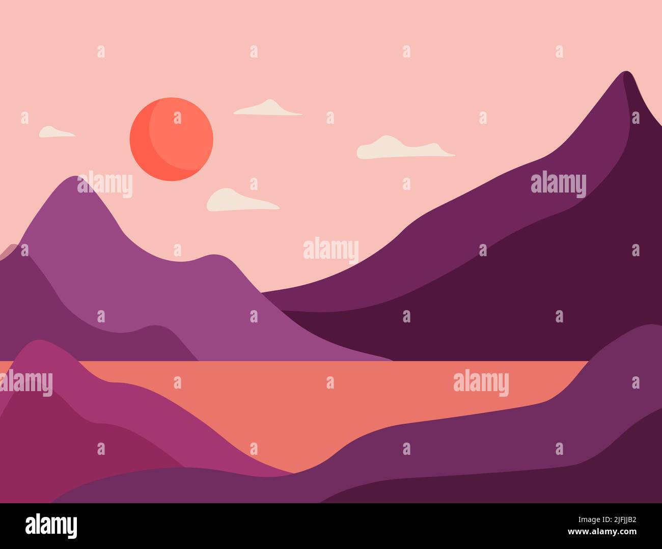 Landscape for posters - sunset and sun, mountains and a reservoir Stock ...