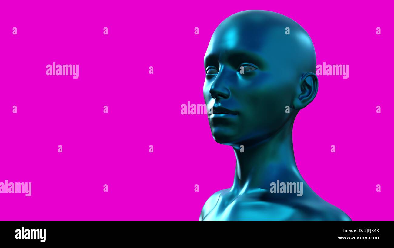 3d illustration. Portrait of a blue bald woman on a pink background ...