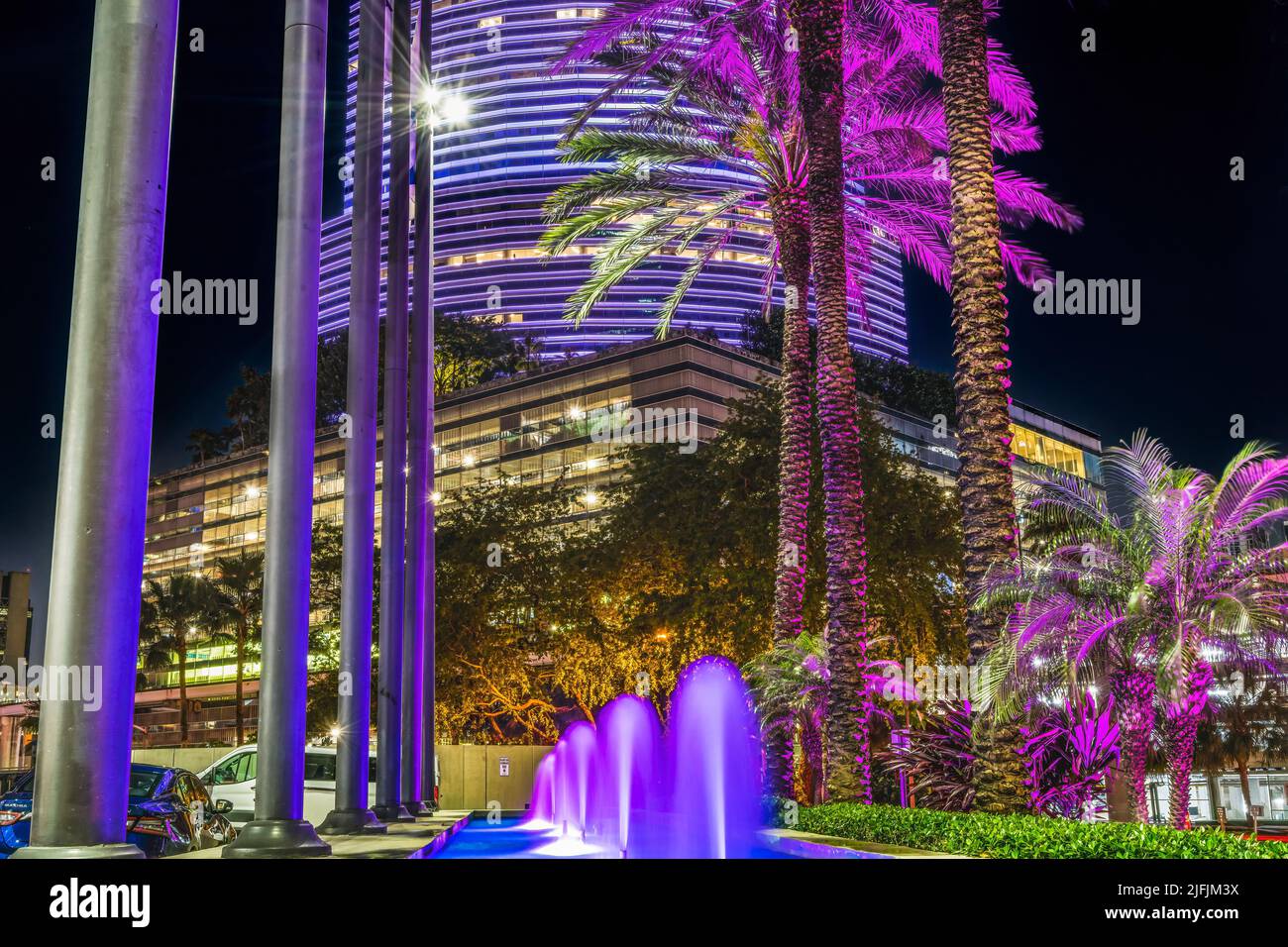 Blue Fountain Night High Rise Purple Office Buildings, Downtown Miami ...