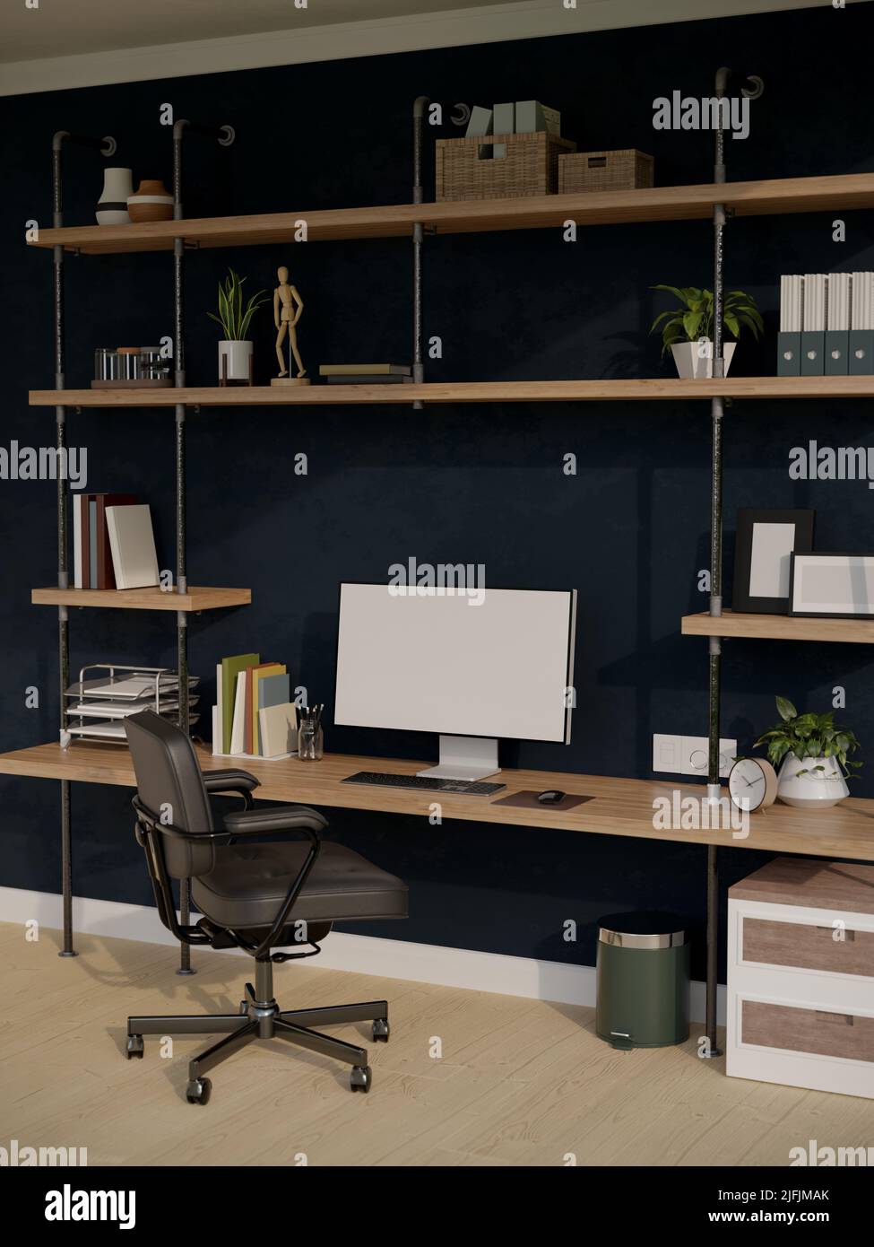 Modern home workplace interior design with computer white screen mockup ...
