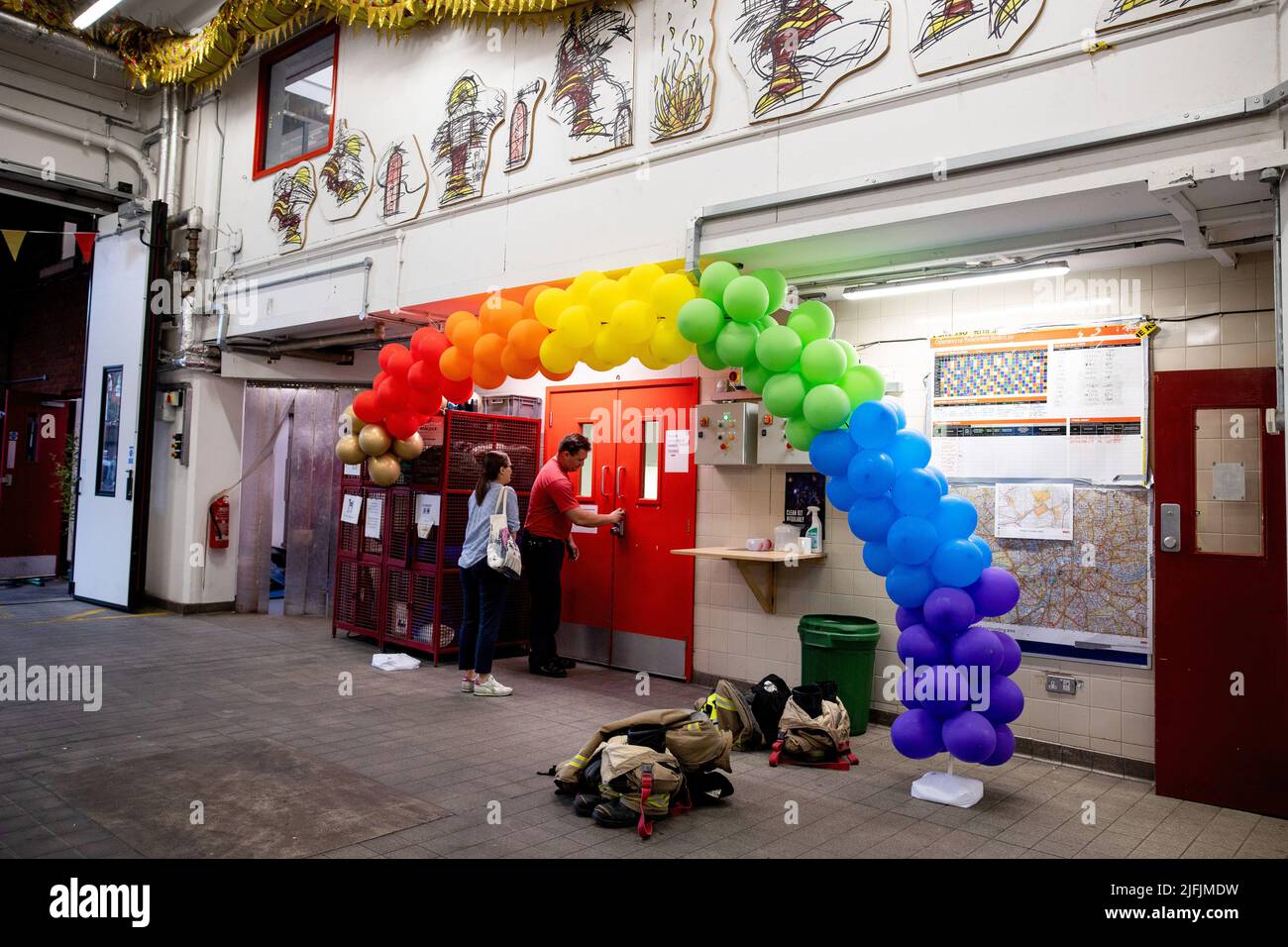 London, UK. 02nd July, 2022. A balloon arch in rainbow colour is seen ...